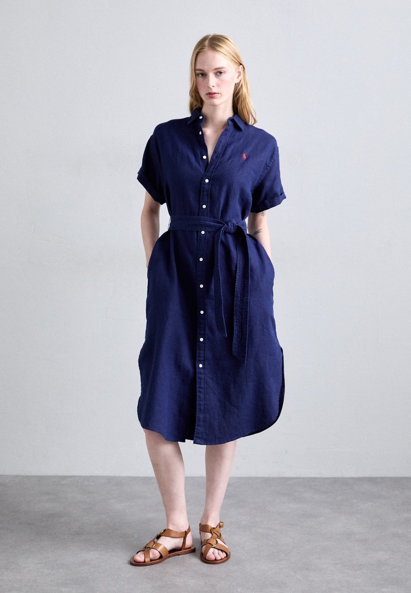 Polo Ralph Lauren BELTED LINEN SHIRTDRESS - Shirt dress - newport navy/dark blue - Zalando.ie