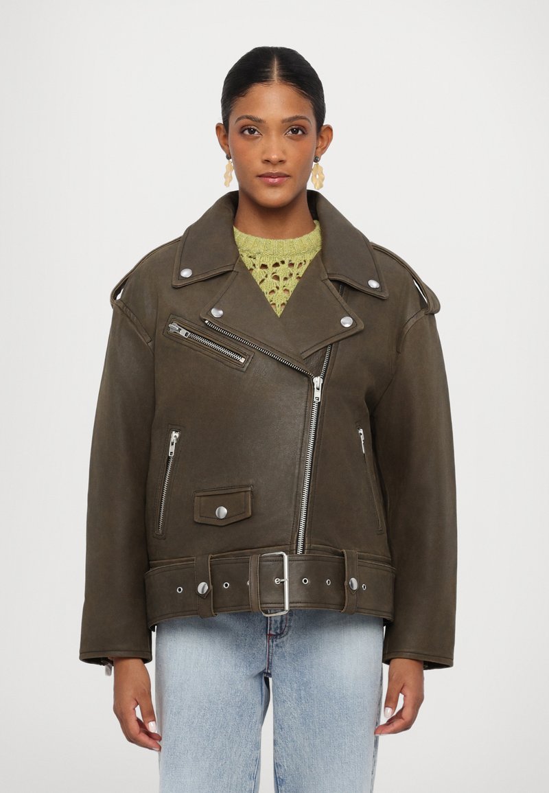 STAND STUDIO IRENE - Kurtka skórzana/ciemnożółty - Zalando.pl