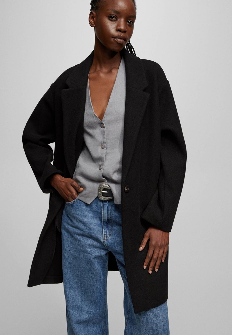 PULL&BEAR FELT TEXTURE WITH BUTTON - Short coat - mottled black ...