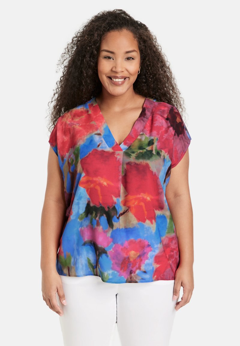 Samoon KURZARM RUNDHALS BLUSENSHIRT MIT FLOWER - Bluse - digital blue gemustert/mehrfarbig ...