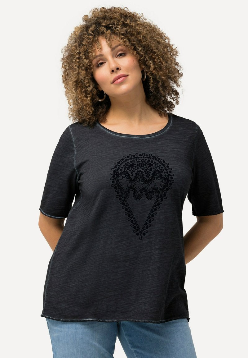 Ulla Popken FLOCKED COLD-DYED - T-Shirt print - navy blue/dunkelblau ...