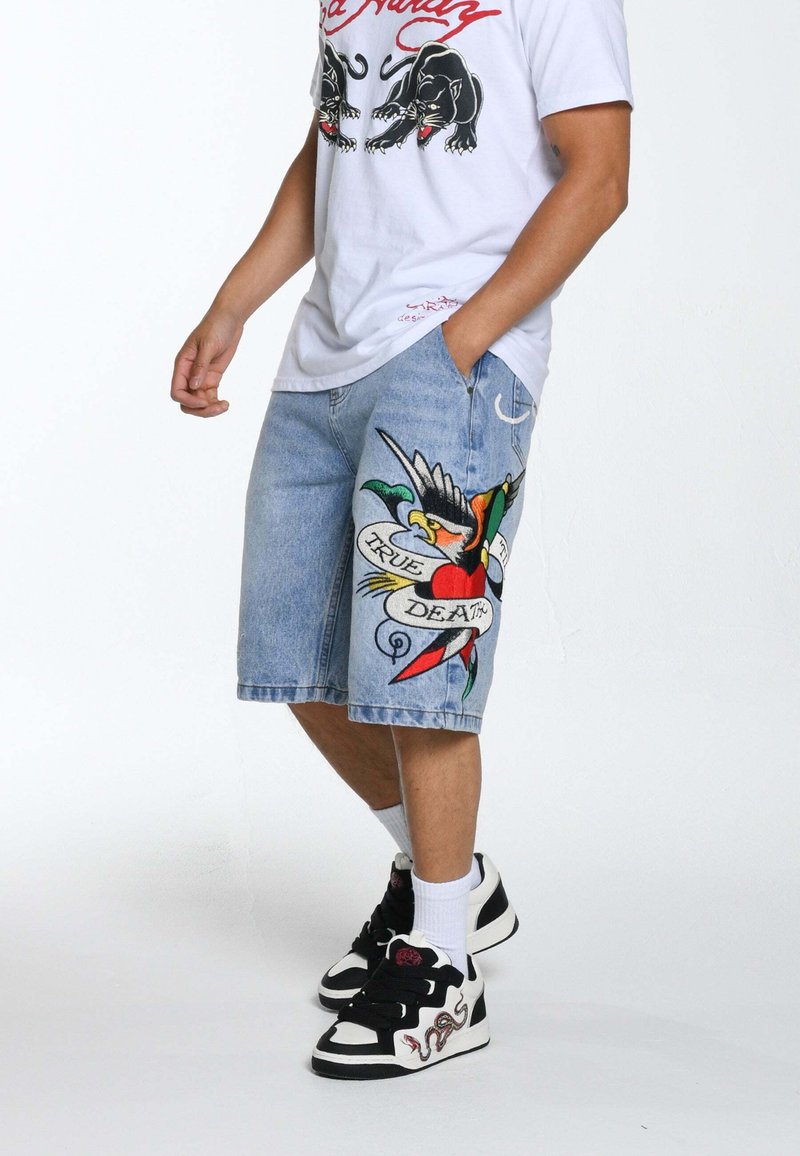 Ed Hardy TRUE TILL DEATH - Farkkushortsit - bleach/valkaistu denim ...