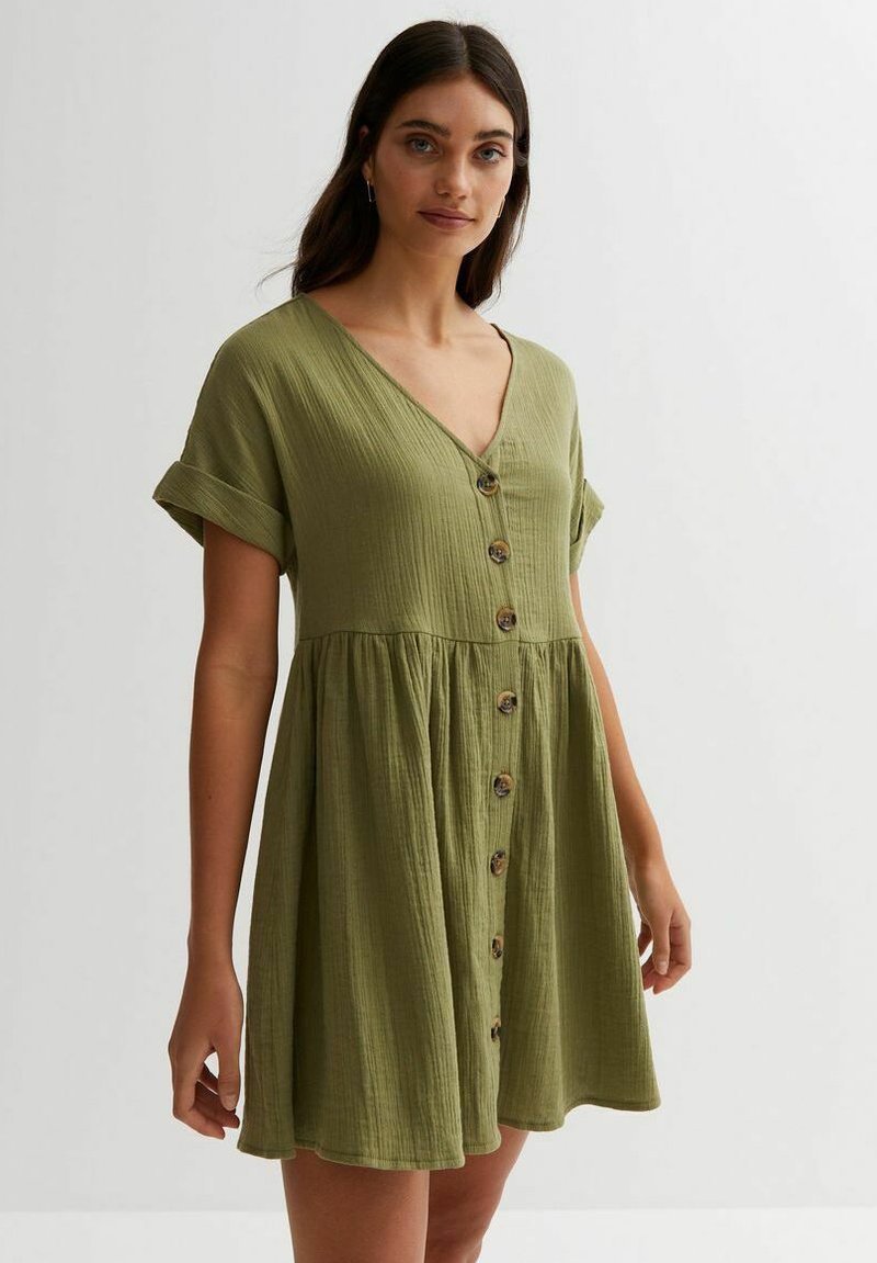 New Look V NECK SHORT SLEEVE BUTTON FRONT - Jurk - khaki/kaki - Zalando.be
