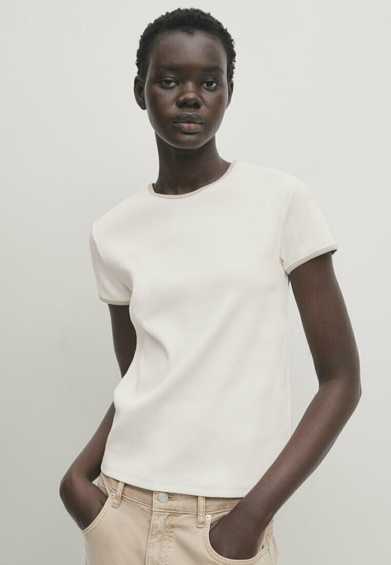 Massimo Dutti SHORT SLEEVE CONTRAST - T-shirt basique - beige - ZALANDO.BE