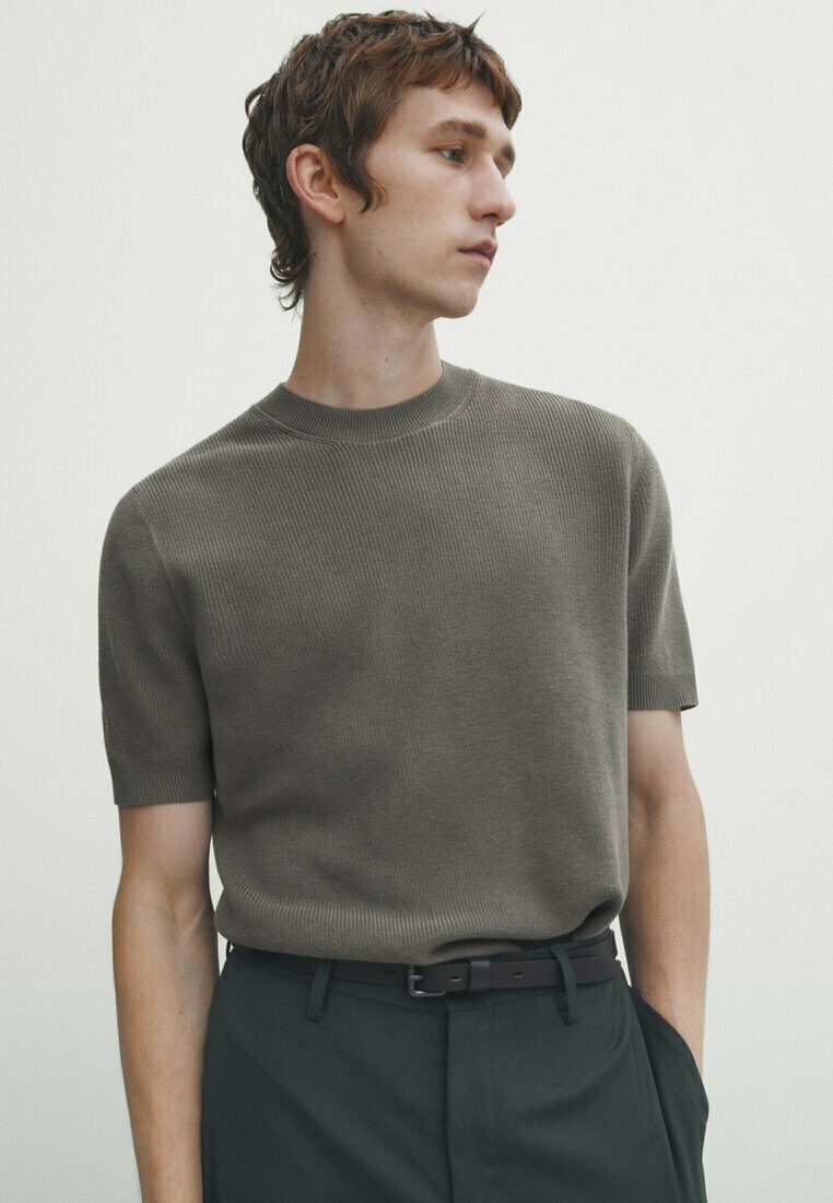 Massimo Dutti Vertical Textured Short Sleeve T Shirt Basic Khaki Zalandoat