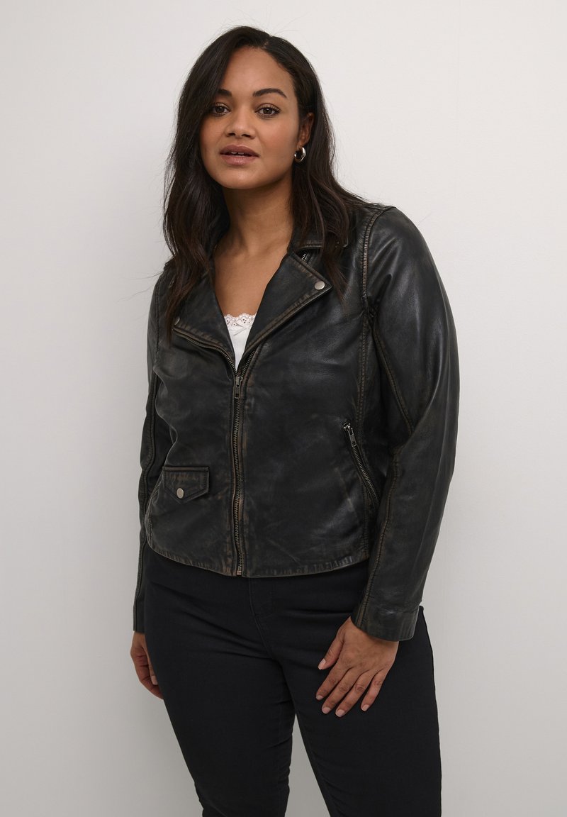 Kaffe Curve JANET - Leather jacket - black washed leather/black ...