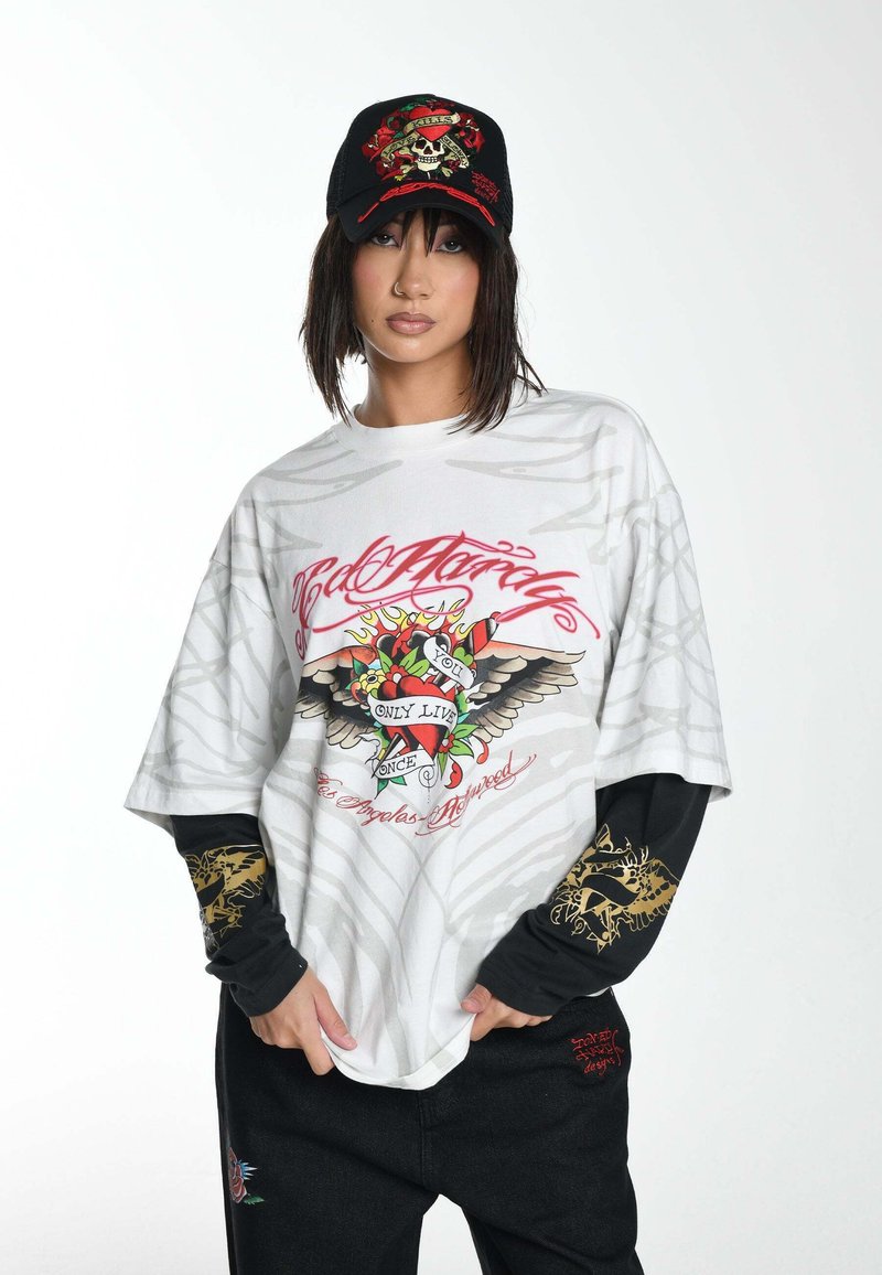 Ed Hardy LIVE ONCE DOUBLE SLEEVE - T-shirts print - white/hvid - Zalando.dk