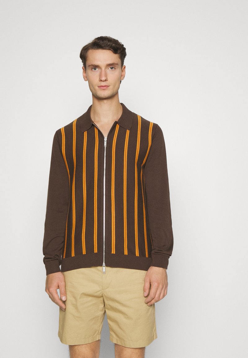 Selected Homme SLHMATTIS STRIPE ZIP CARDIGAN - Strickjacke - gold/sugar ...