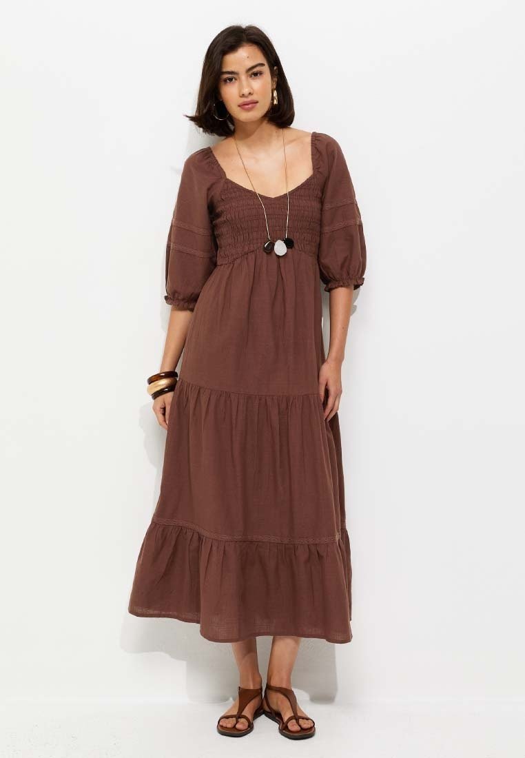 New Look DARK SHIRRED MILKMAID MIDI DRESS - Jurk - dark brown ...