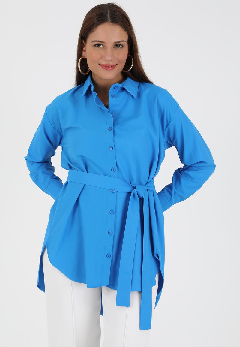 Modanisa Point Collar Benin Button Down Blouse Blue Zalandoie