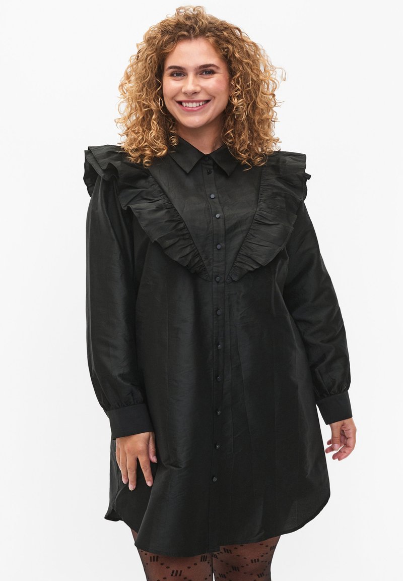 Zizzi WITH RUFFLE DETAIL - Button-down blouse - black - Zalando.ie