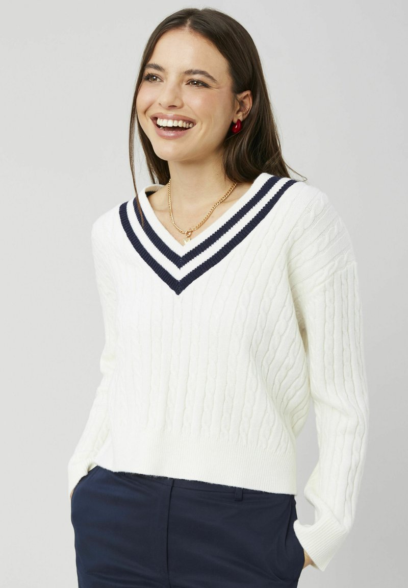 BZB PULL COL V - Pullover - blanc écru/bleu marine - ZALANDO.FR