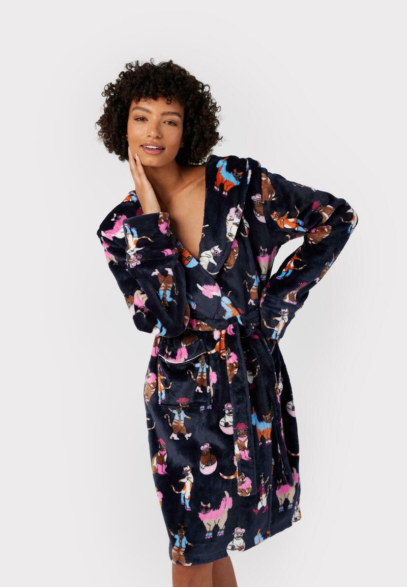 Chelsea Peers DISCO CATS PRINT - Dressing gown - navy/dark blue ...