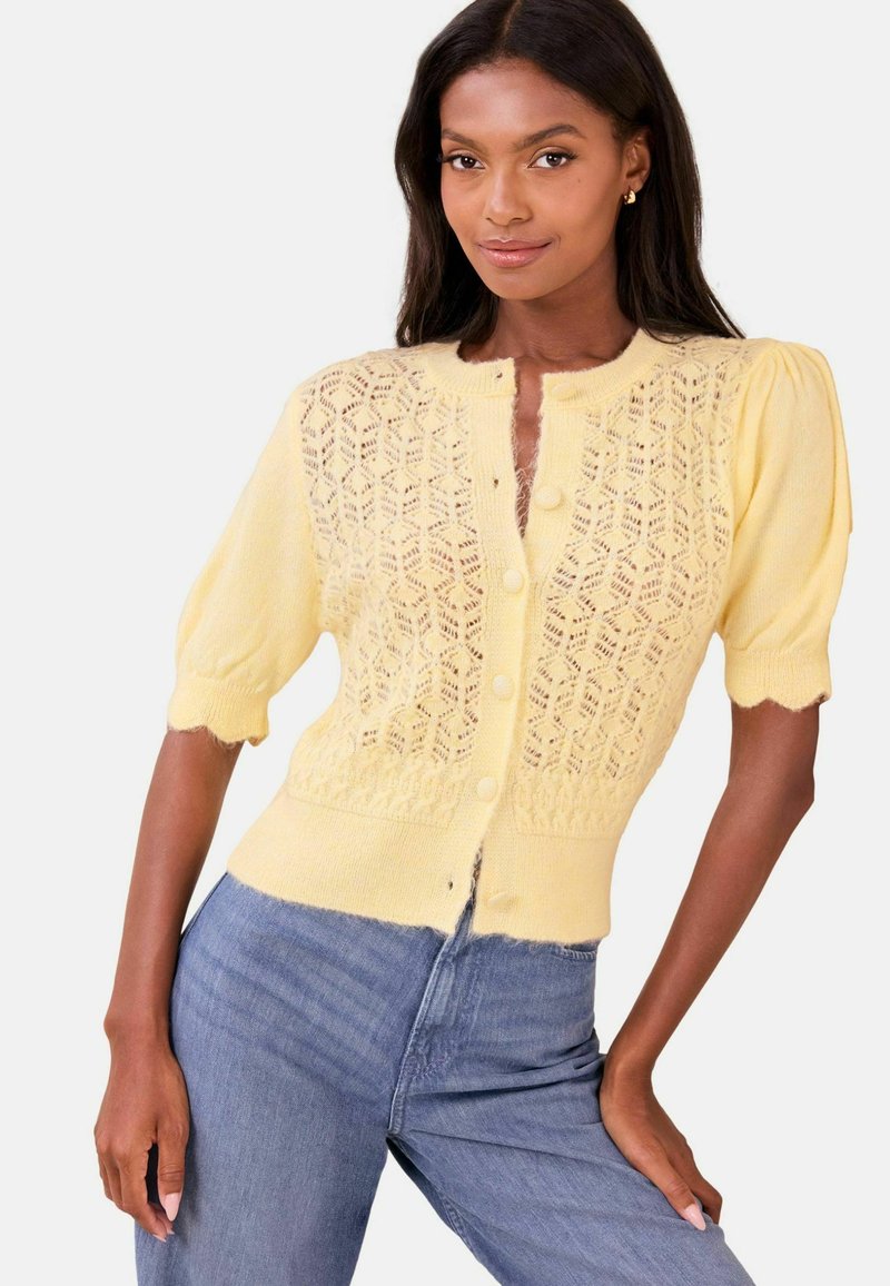 Lipsy STITCHY POINTELLE SHORT PUFF SLEEVE WITH SELF COVERED BUTTONS ...