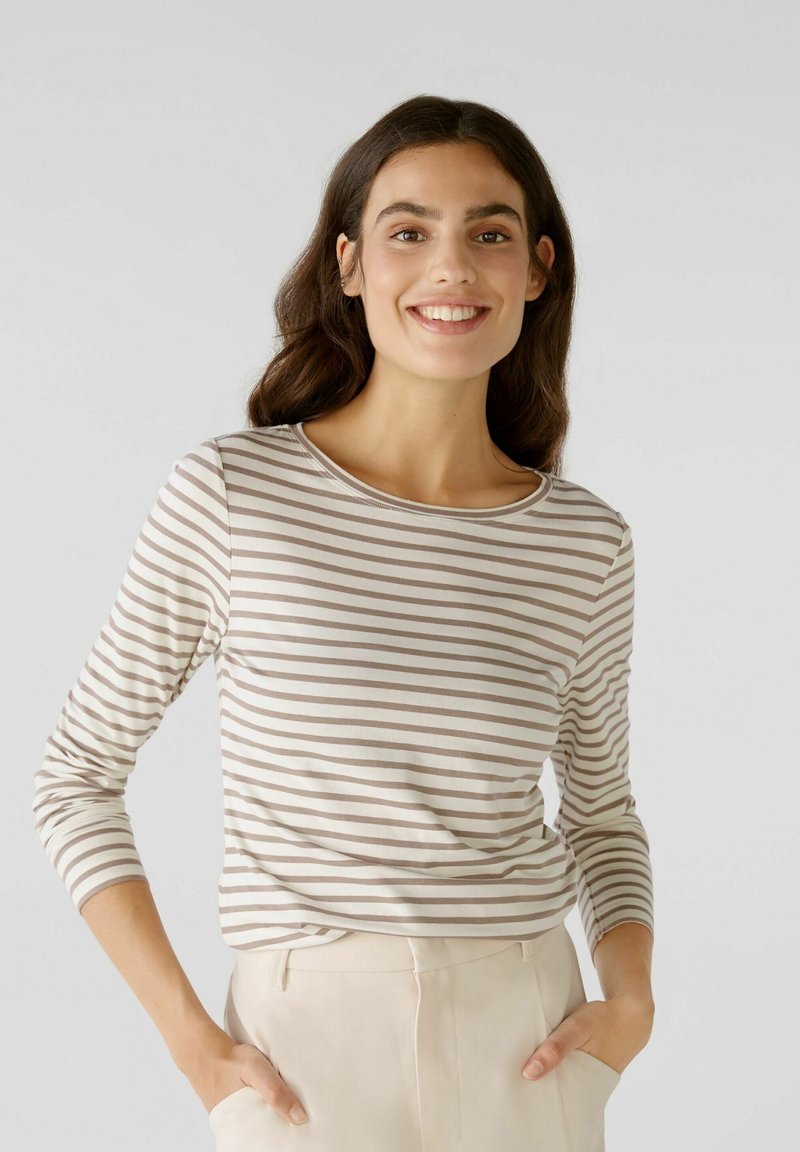 Oui Long sleeved top - white brown/white - Zalando