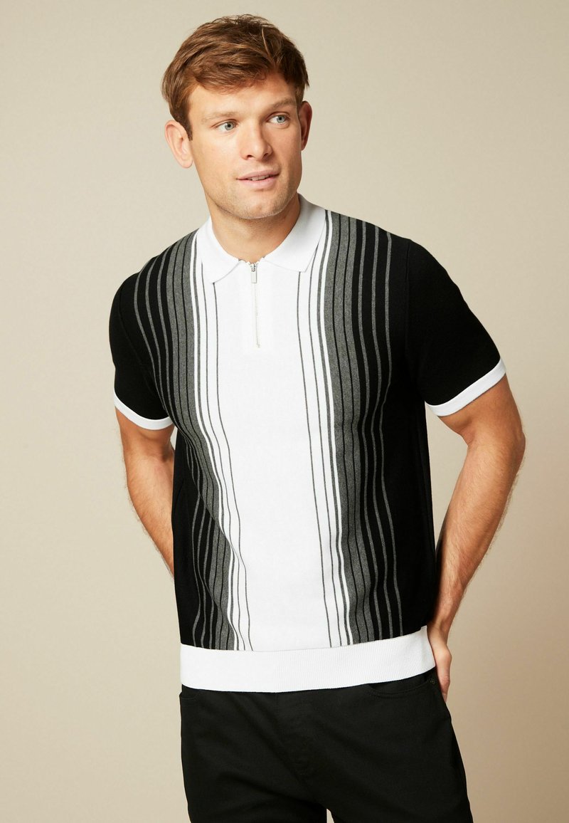 Next KNITTED OMBRE STRIPED ZIP POLO - Polo - black white/noir - ZALANDO.FR