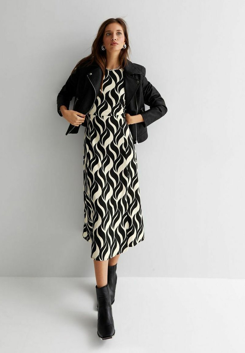 New Look CREW NECK LONG SLEEVE MIDI - Jurk - black pattern/meerkleurig ...