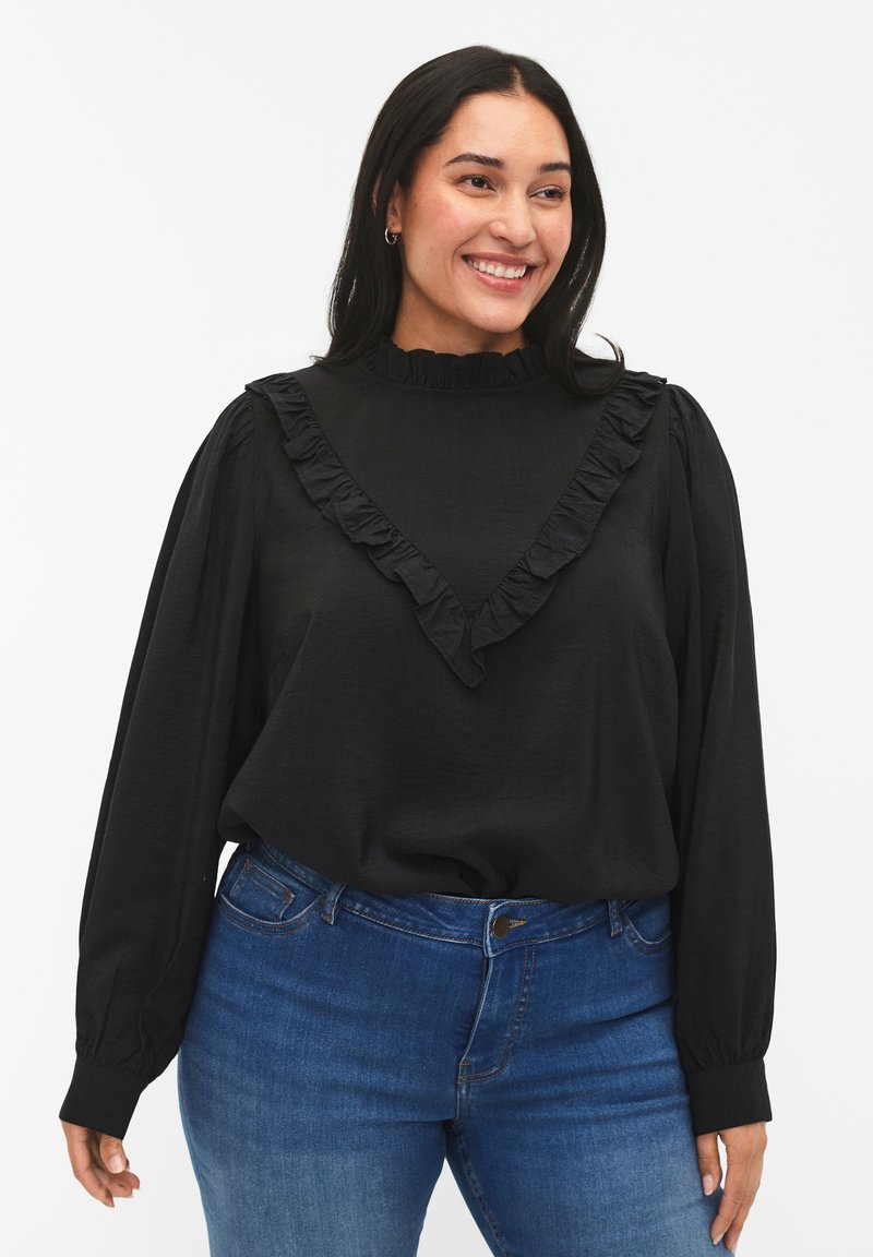 Zizzi WITH FRILLS - Blus - black/svart - Zalando.se
