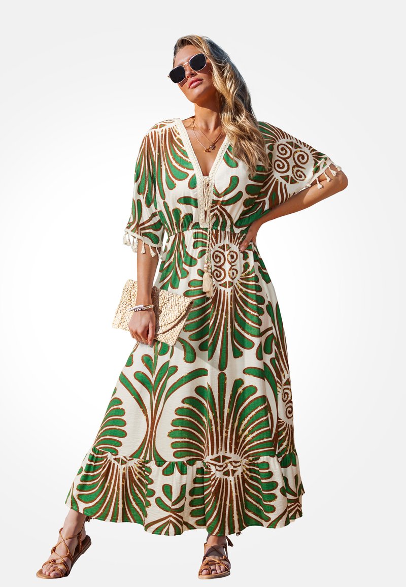 Cupshe BOHO TASSEL V NECK MAXI DRESS - Maxikleid - green white/grün ...
