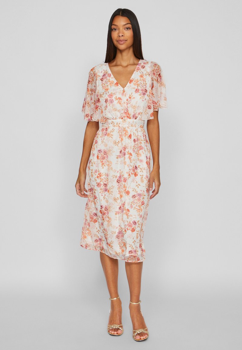 VILA VIFALIA FLOUNCE V NECK MIDI DRESS - Jurk - birch/red/orange/crème ...
