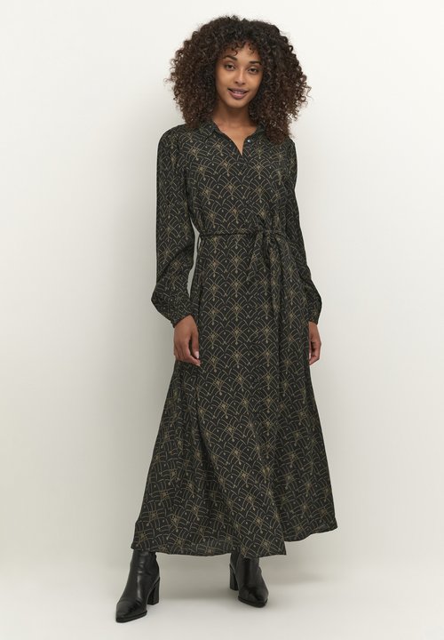 Kaffe LONG SLEEVES BAND COLLAR - Blusenkleid - dark green line graphic ...