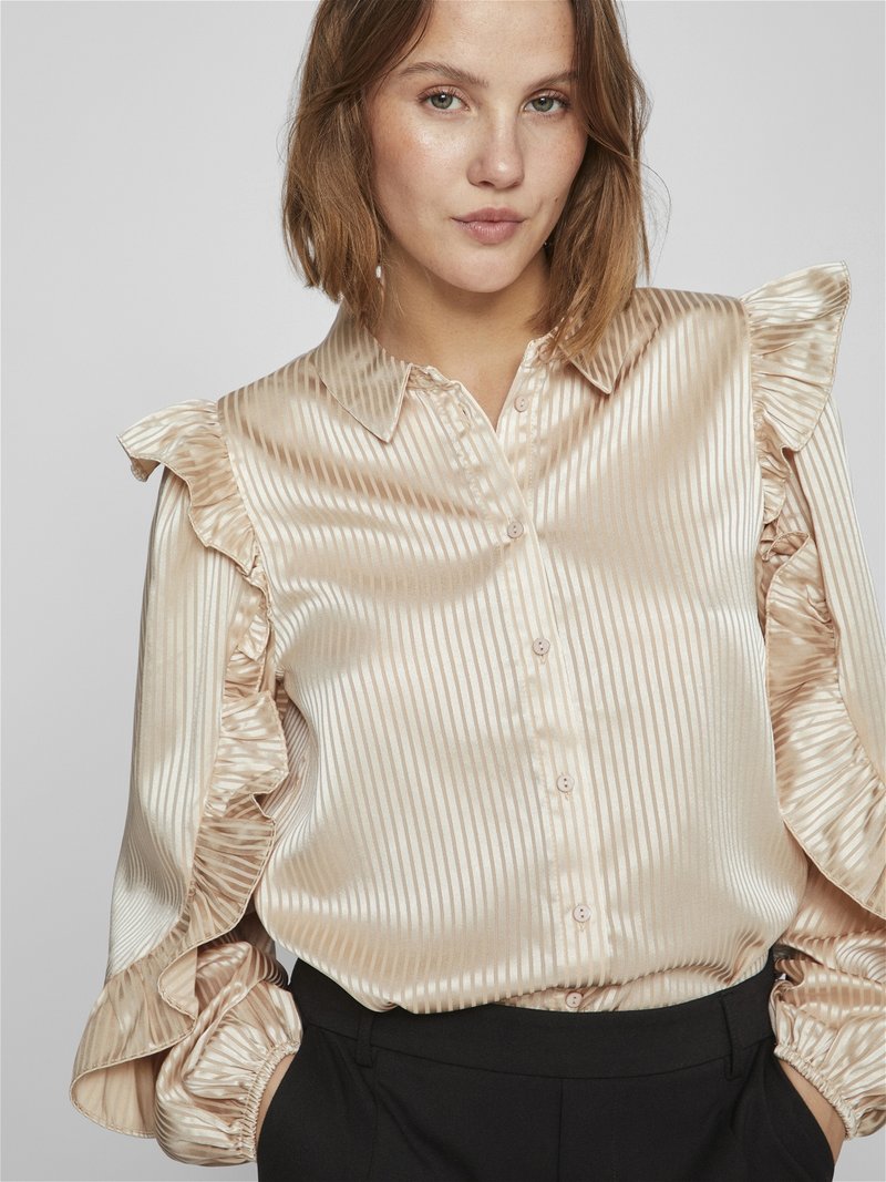 VILA MILE LS RUFFLE - Button-down blouse - cement/beige - Zalando.ie