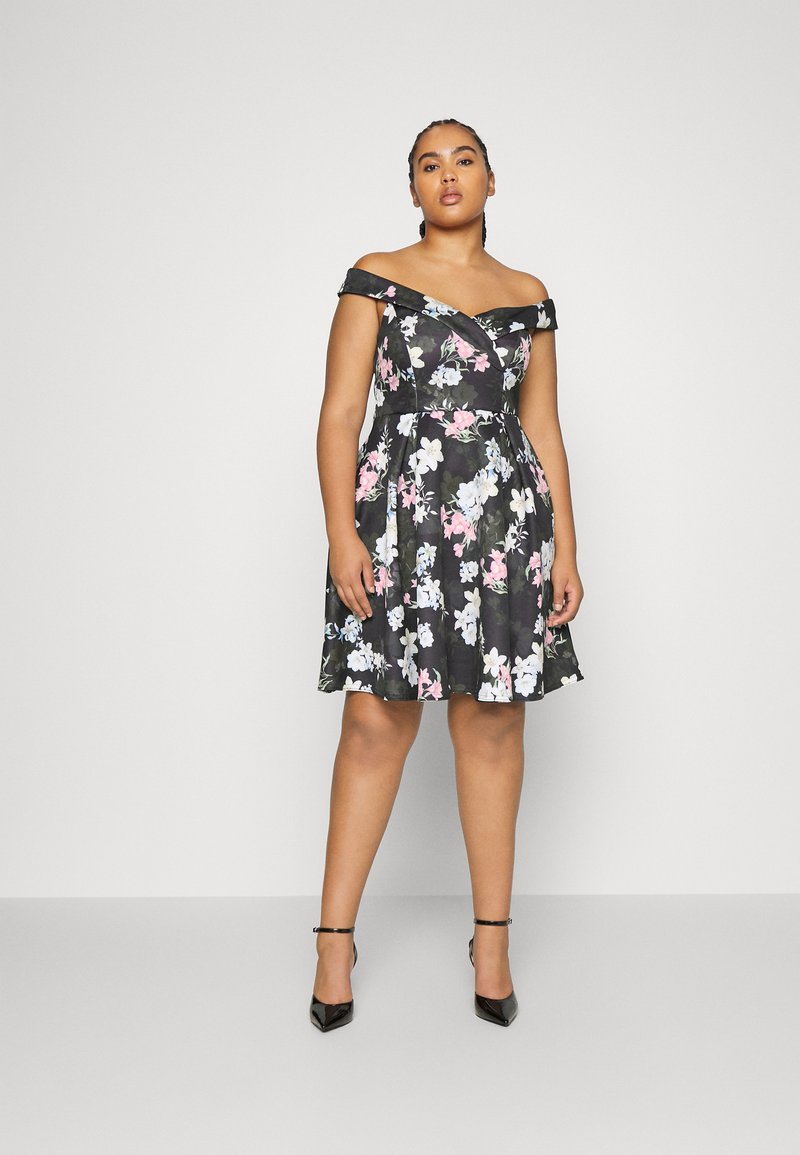 In The Style Curve Floral Bardot Style Skater Midi Dress Vestito