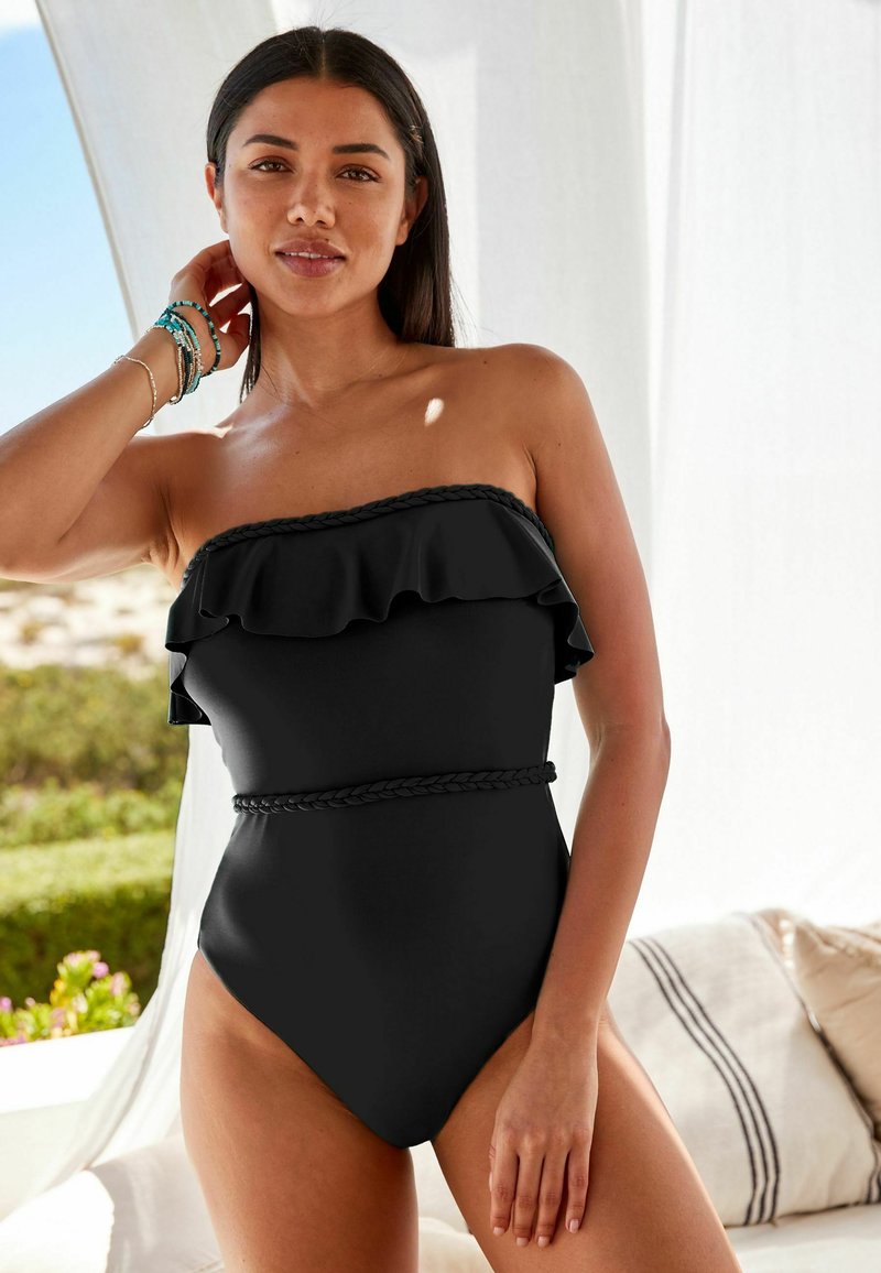 Next Plaited Bandeau Tummy Control Swimsuit Badeanzug Black Schwarz