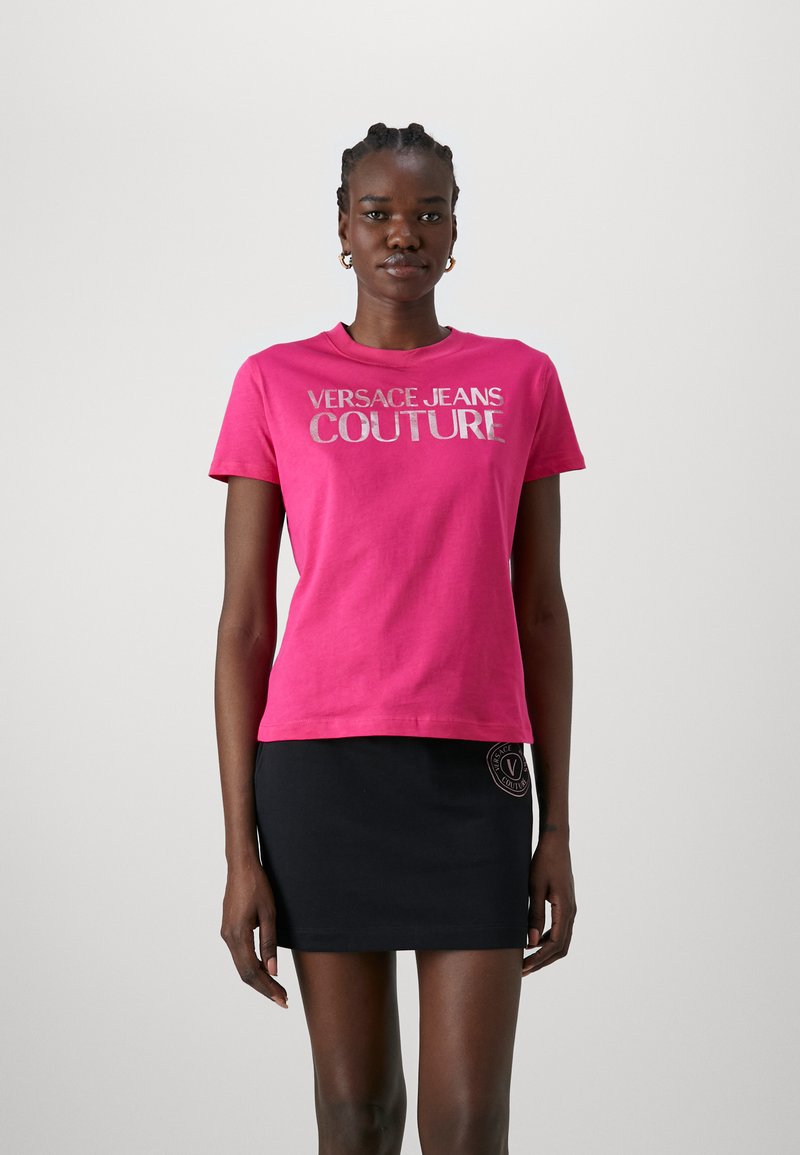 Versace Jeans Couture Logo Gummy Glitter Print T Shirt Fuxia Pink