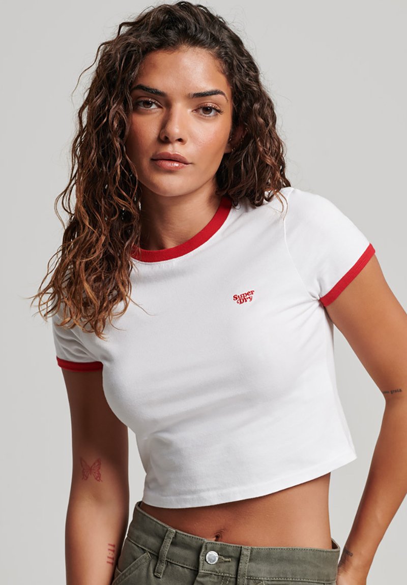 Superdry VINTAGE RINGER CROP - T-Shirt basic - optic white/varsity red ...