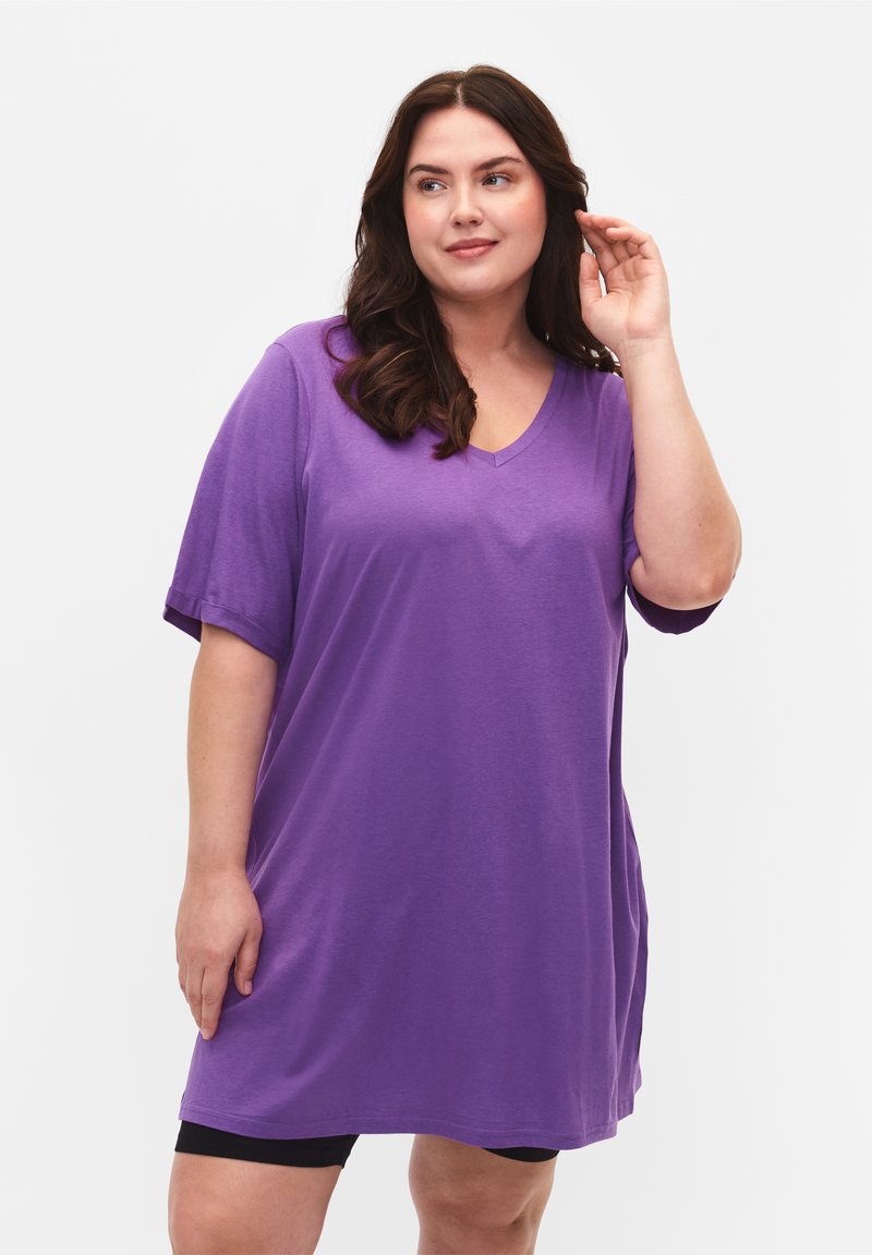 Zizzi Single With V Neck T Shirt Basic Deep Lavender Flieder