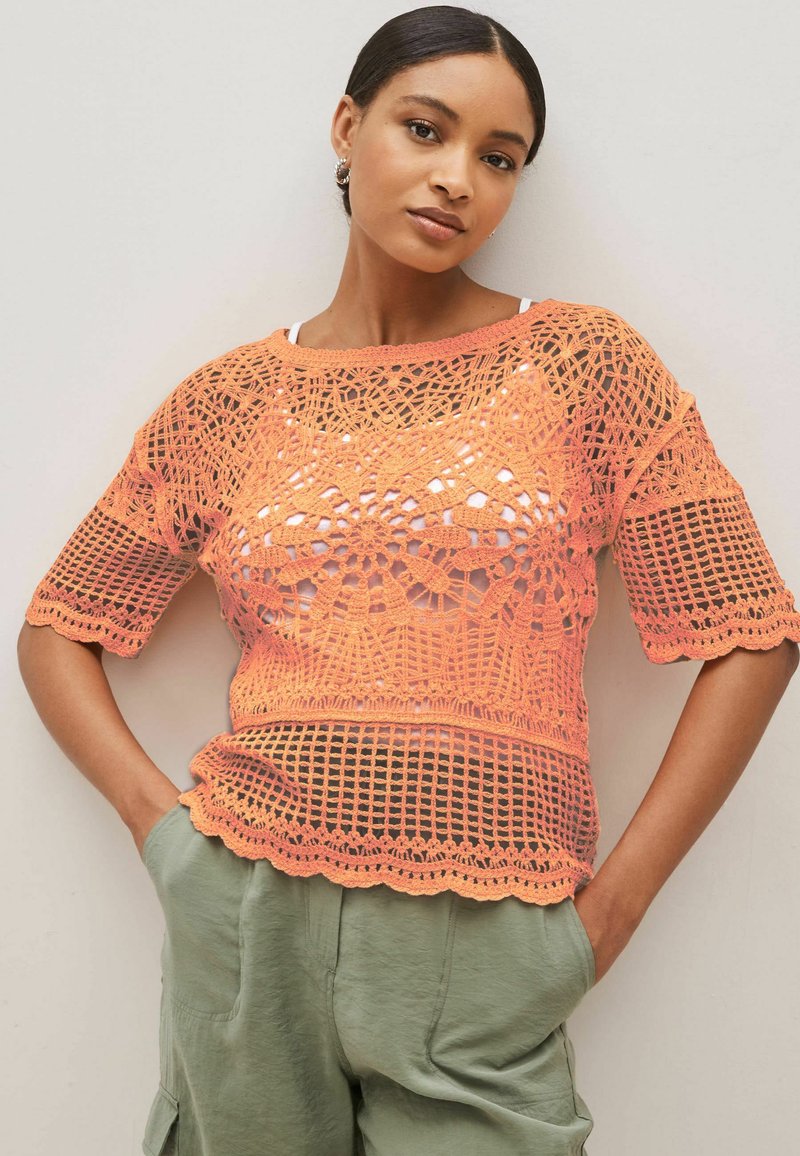 Next CROCHET SHORT SLEEVE KNIT TOP - T-Shirt print - fluro orange ...