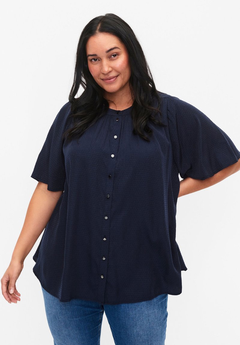 Zizzi SHORT-SLEEVED SHIRT WITH DOTTED - Blouse - total eclipse/dark blue - Zalando.ie