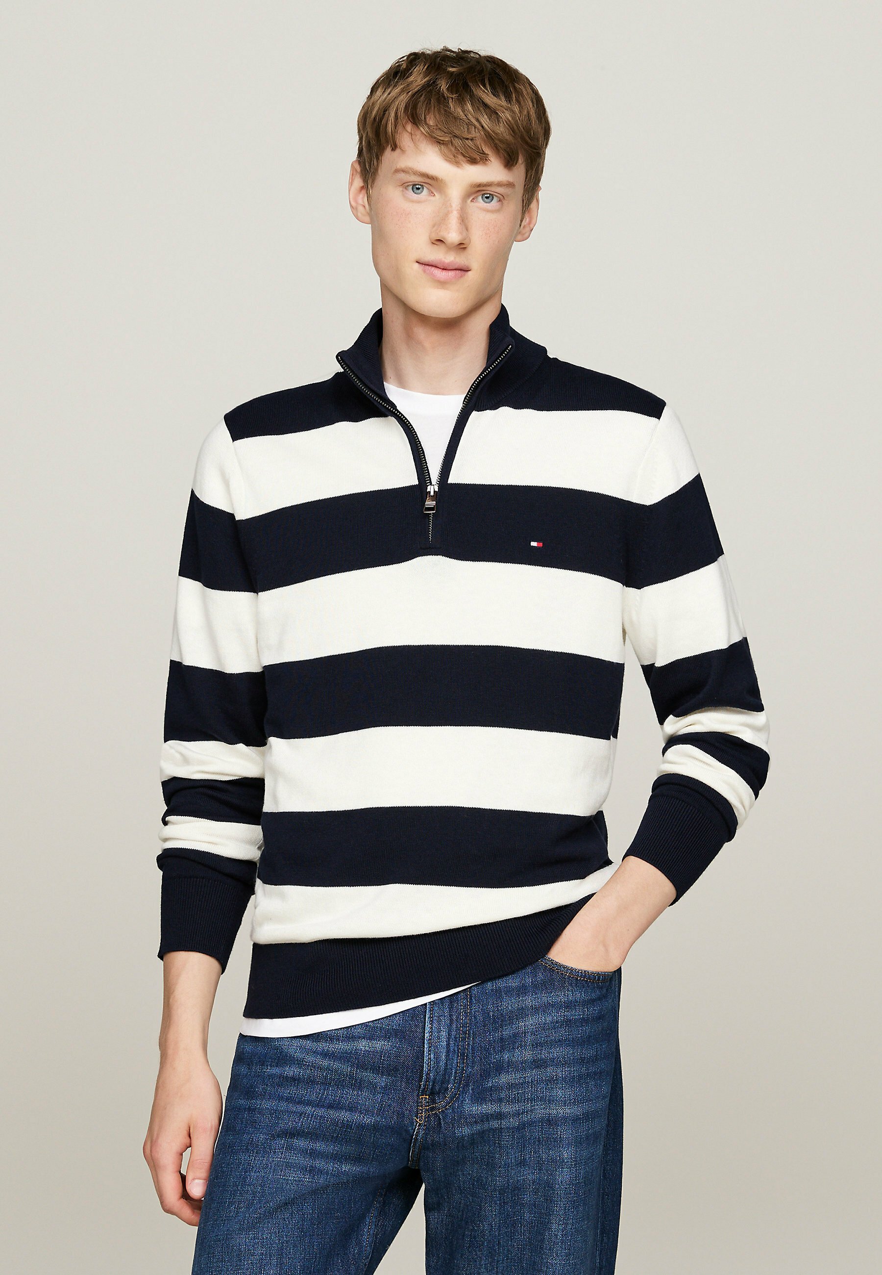 Tommy Hilfiger ZIP MOCK Strickpullover desert sky ivory dunkelblau Zalando