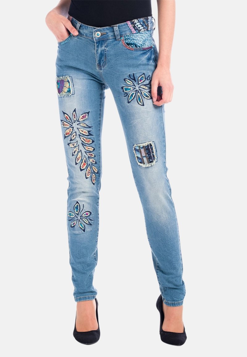 Koroshi EMBROIDERED FLOWERS - Džíny Slim Fit - azul med medium blue ...