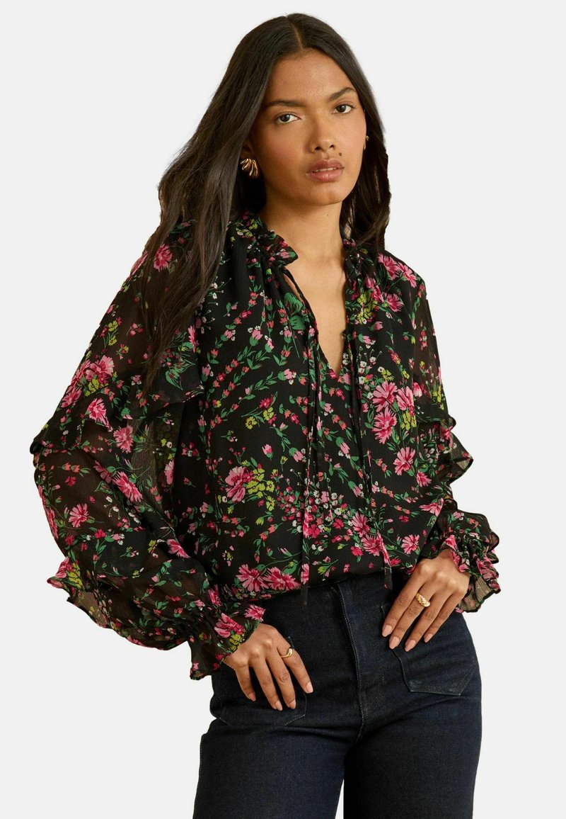 Love & Roses REGULAR FIT - NOTCH NECK FRILL CUFF - Bluse - black floral ...