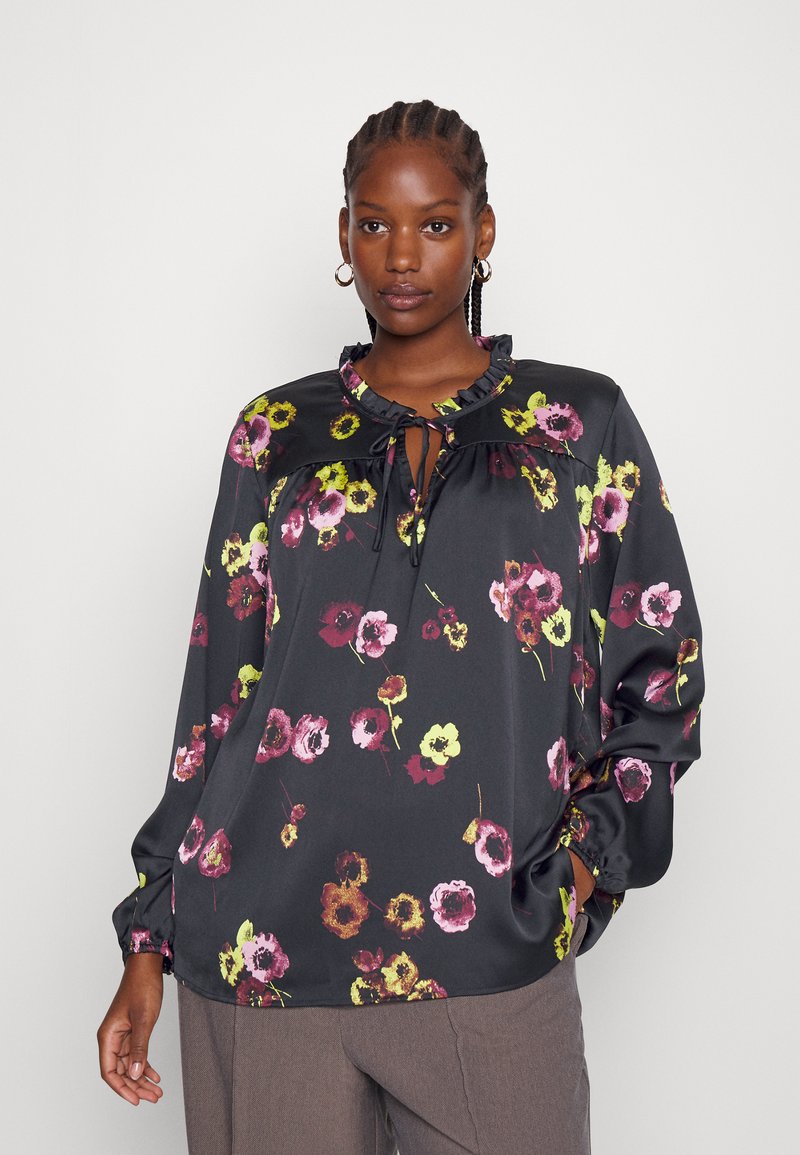 Kaffe Curve DONELLA BLOUSE - Blůza - black deep/green flower print ...