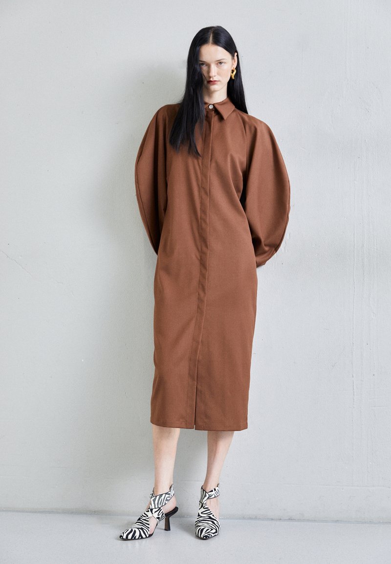 Sara Battaglia Puff Sleeve Long Dress Shirt Dress Bruciato Beige
