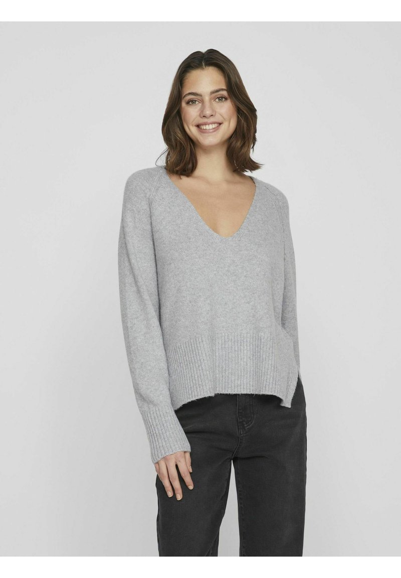 VILA VILA STRICKPULLOVER V-AUSSCHNITT - Jumper - light grey melange/grey - Zalando.de