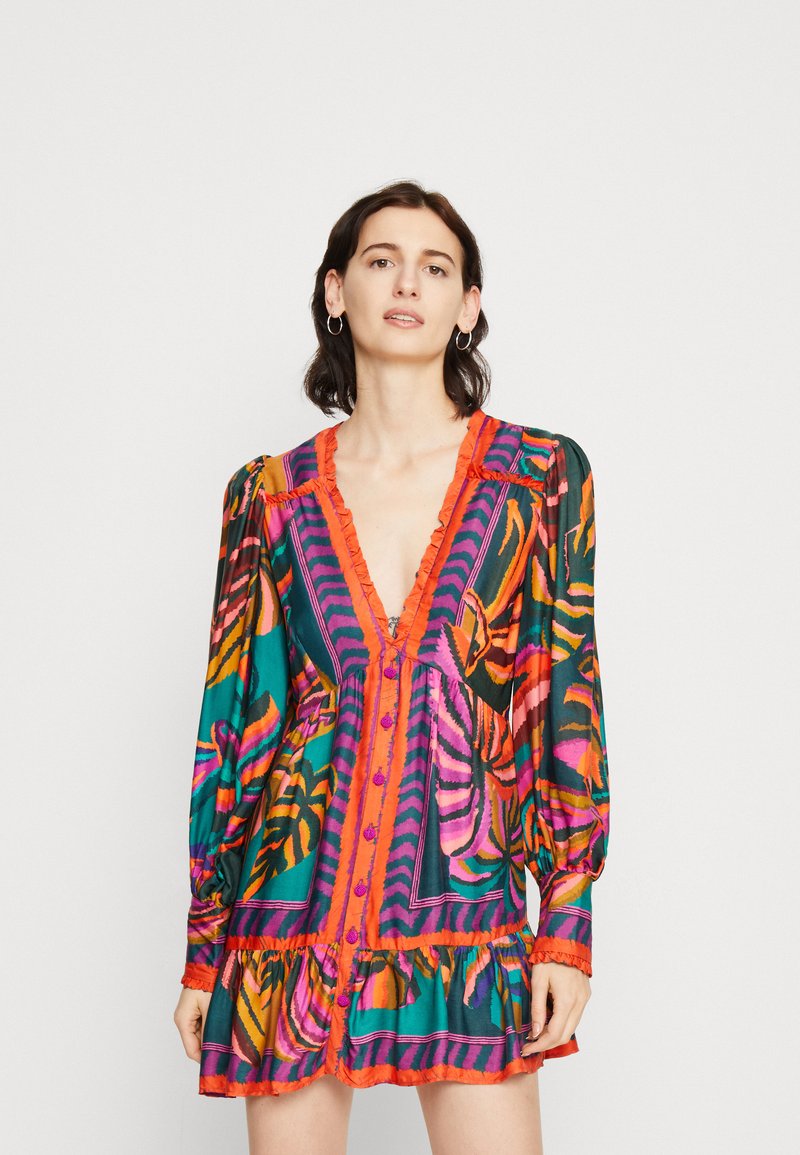 Farm Rio GRAPHIC FOLIAGE MINI DRESS - Nappali ruha - teal/többszínű ...