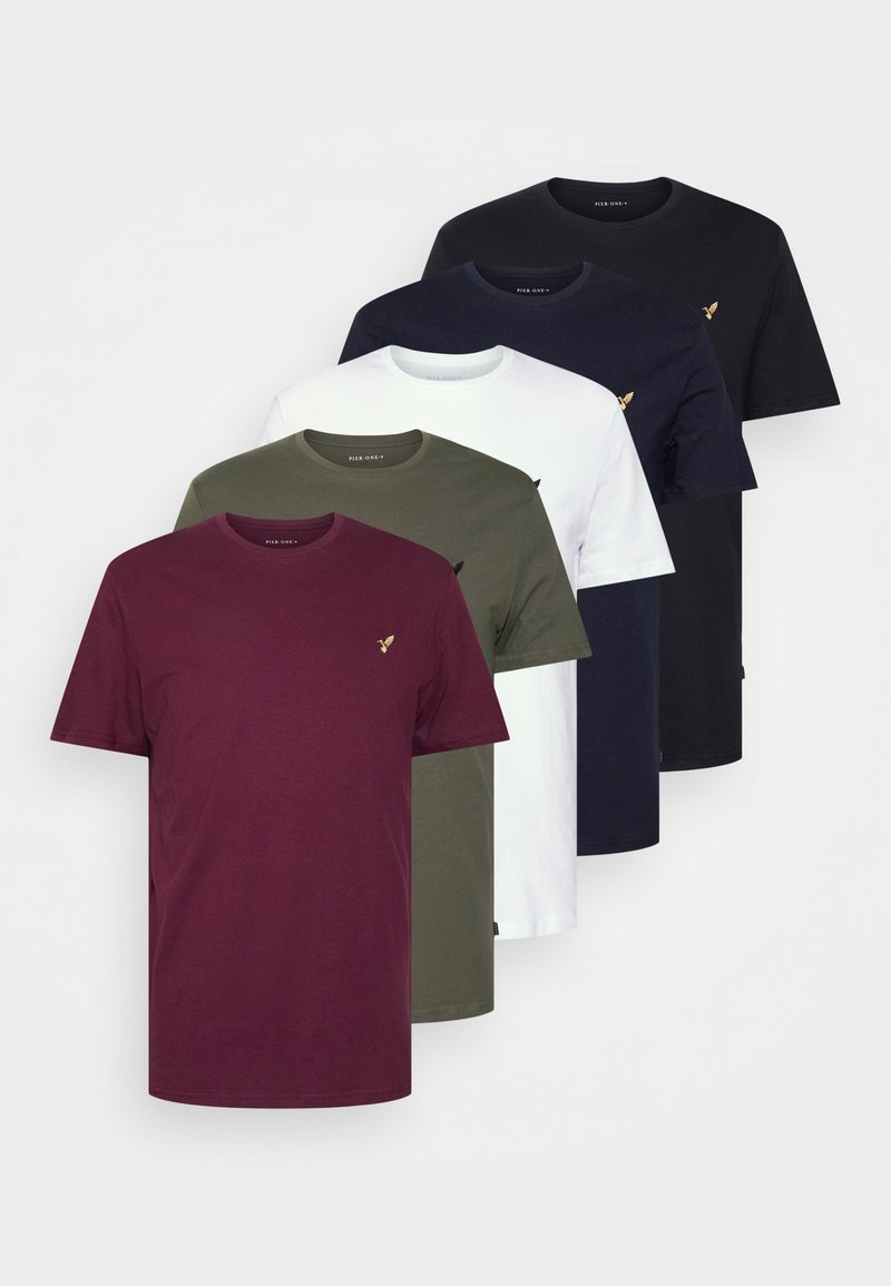 Pier One UNISEX 5 PACK - T-shirts - white/brown/dark blue/hvit - Zalando.no