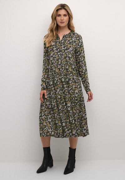 Kaffe LONG SLEEVES BAND COLLAR - Blusenkleid - dark green line graphic ...