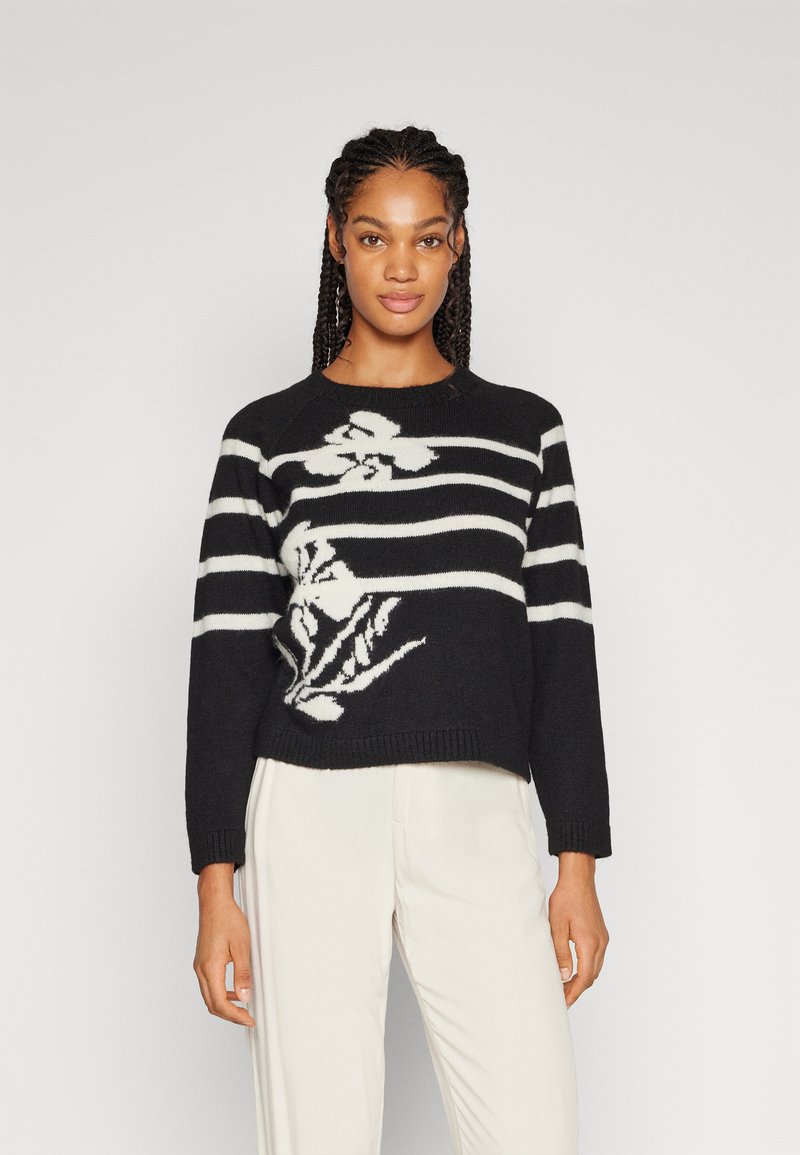 JDY O-NECK RAGLAN - Pullover - black detail:cloud dancer flower/stripe/noir - ZALANDO.FR
