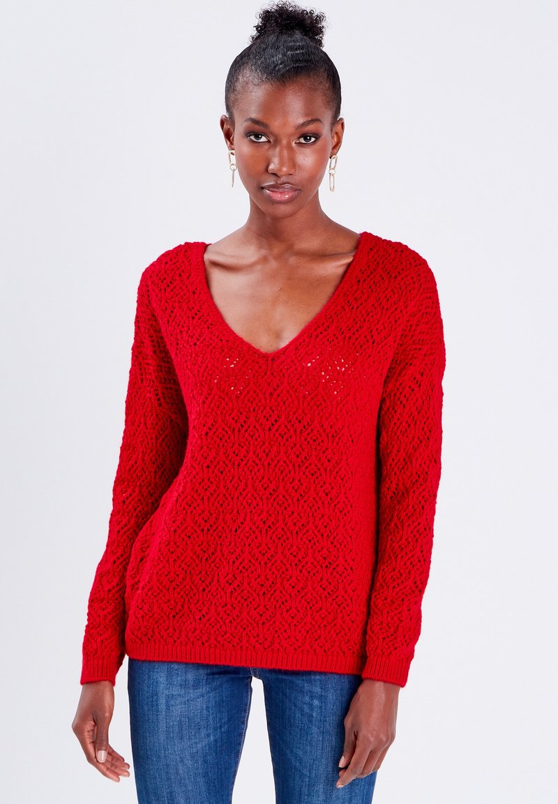 Cache Cache DURCHBROCHENER MIT V-AUSSCHNITT - Strickpullover - rouge/rot - Zalando.de