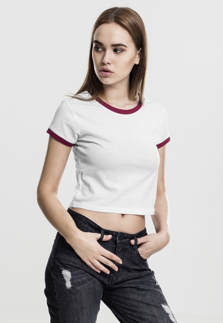 Urban Classics LADIES CROPPED RINGER TEE - T-Shirt print - white/red ...