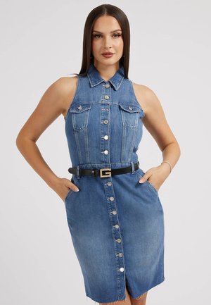 Morgan BELTED BUTTONED STRAIGHT - Robe en jean - blue denim/denim noir ...