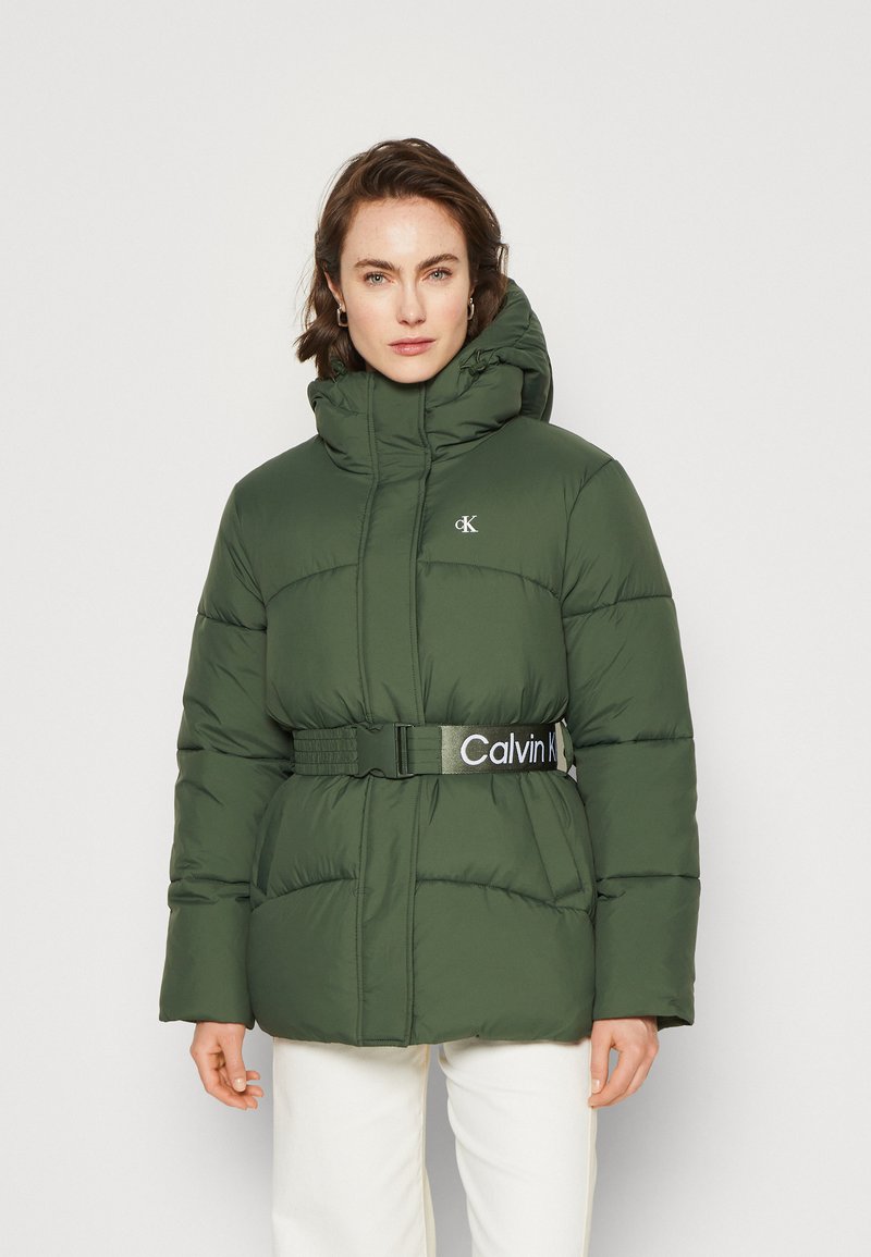Calvin Klein Jeans Logo Belt Short Puffer Winter Coat Thyme Olive