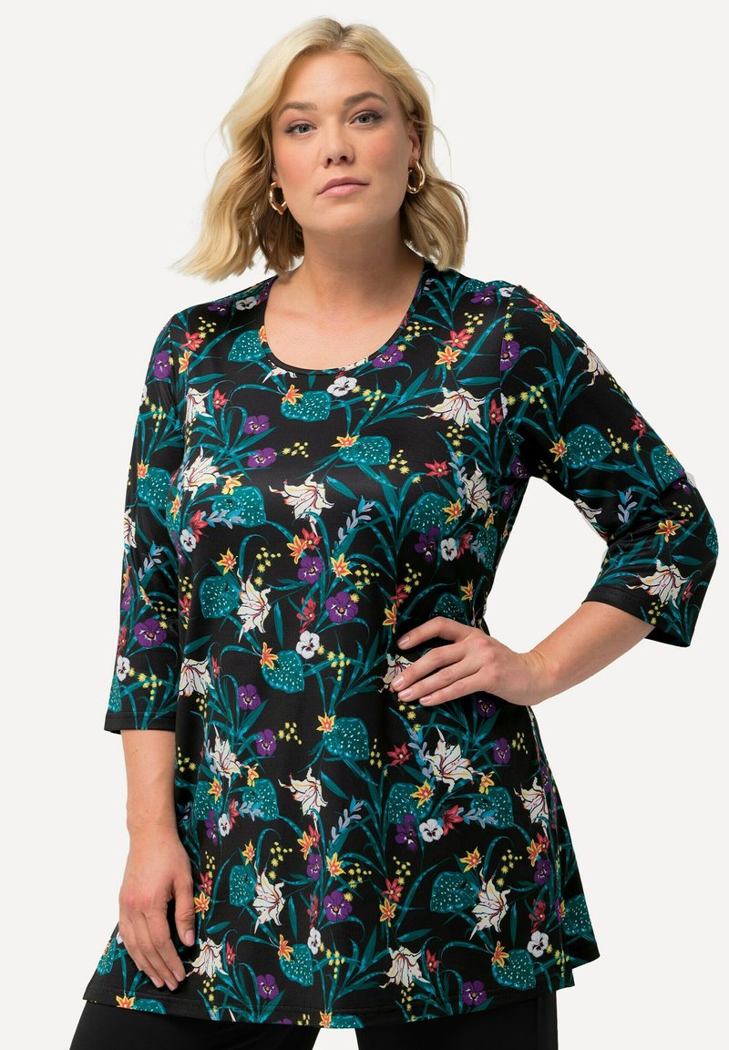 Ulla Popken MATTE TROPICAL FLORAL PRINT - Langarmshirt - black/schwarz ...