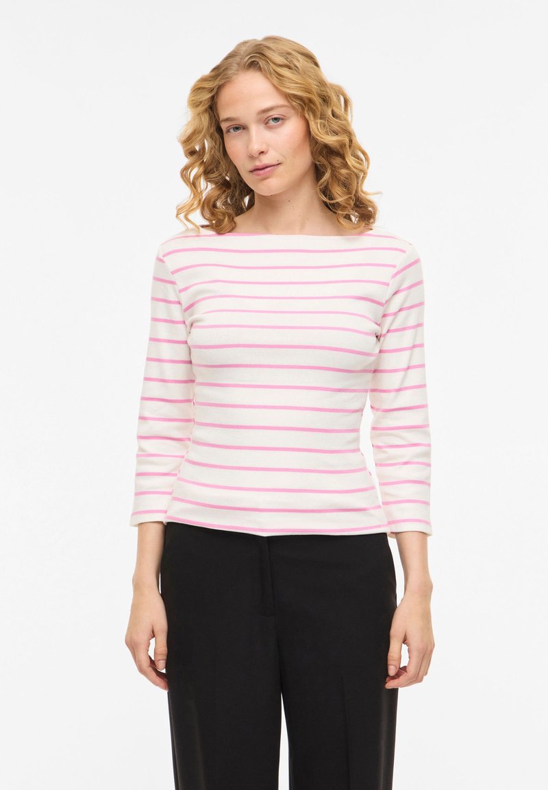 VILA VIALME 3/4 BOATNECK - Langærmet T-shirt - snow white stripes:pink/hvid - Zalando.dk