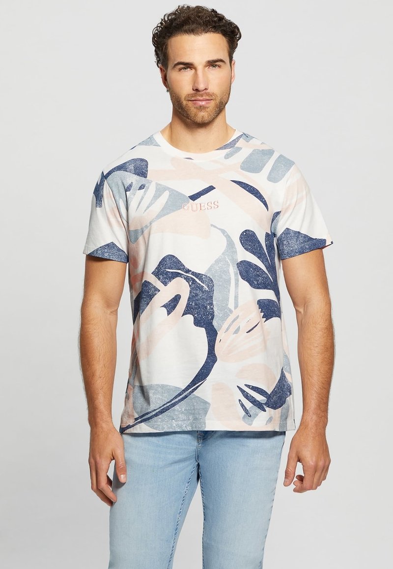 Guess Allover T Shirt Print Mehrfarbig Grundton Blau Blauw Zalando Nl